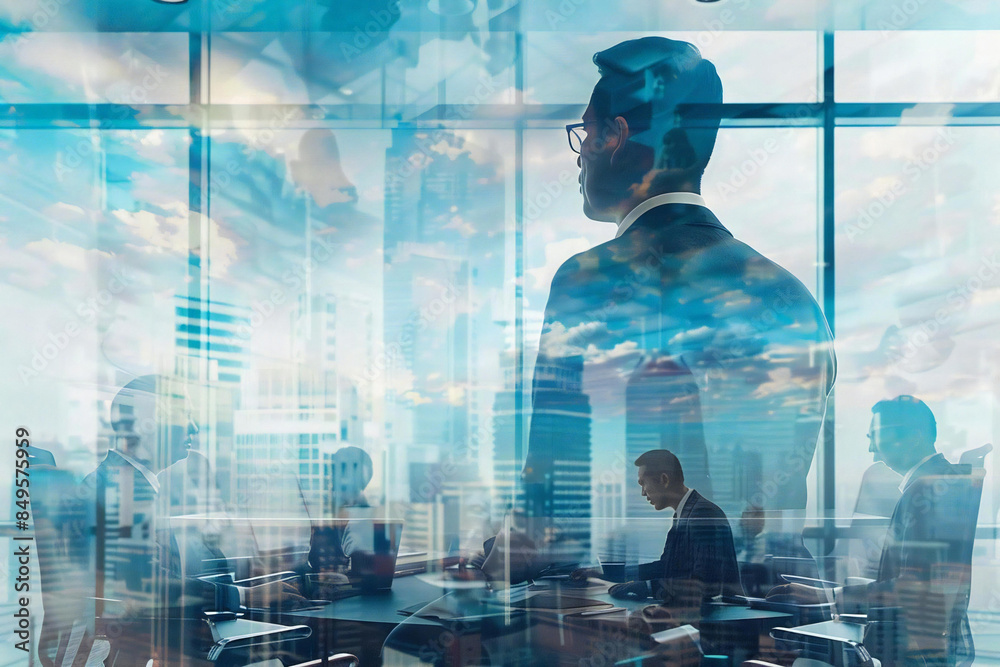 In this image, a confident businessman is seen as the authoritative ...