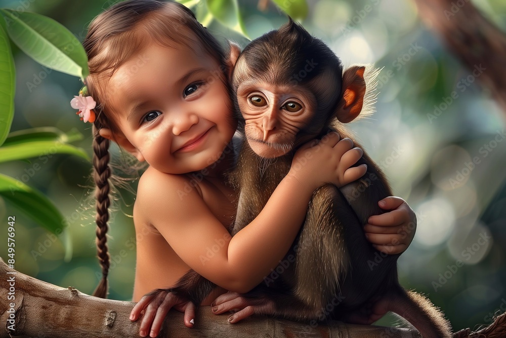 little girl hugging a baby monkey in the jungle. Generative ai Stock ...