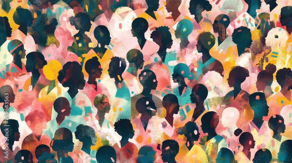 Colorful abstract illustration featuring diverse silhouettes of people胢 ...