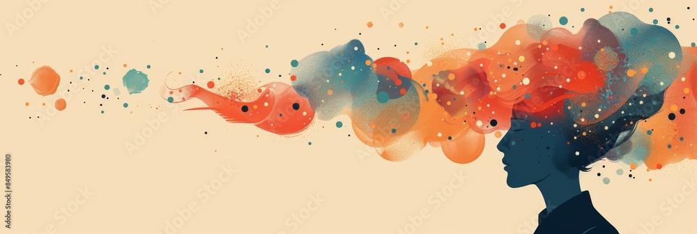 Horizontal banner. World ADHD Awareness Day. Head of a girl on a peach ...