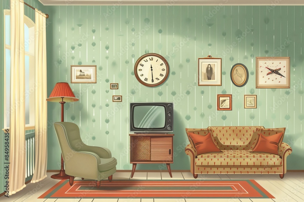 This retro, cartoon-style illustration of a living room delivers a ...