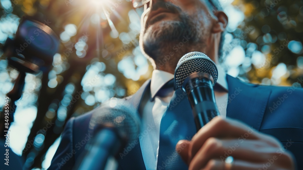 Capturing a professionally dressed individual addressing the media ...