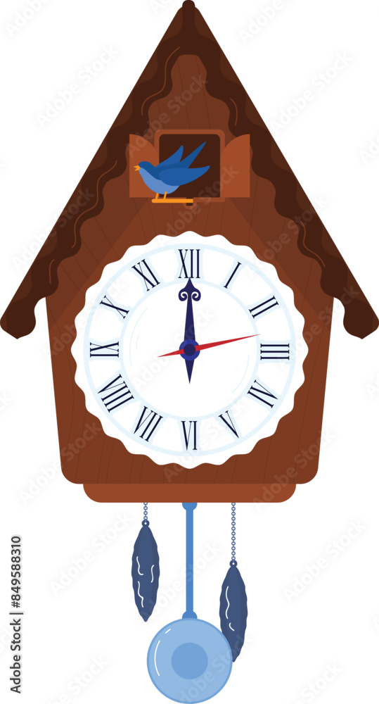 Brown wooden cuckoo clock blue bird emerging door. Roman numeral clock ...