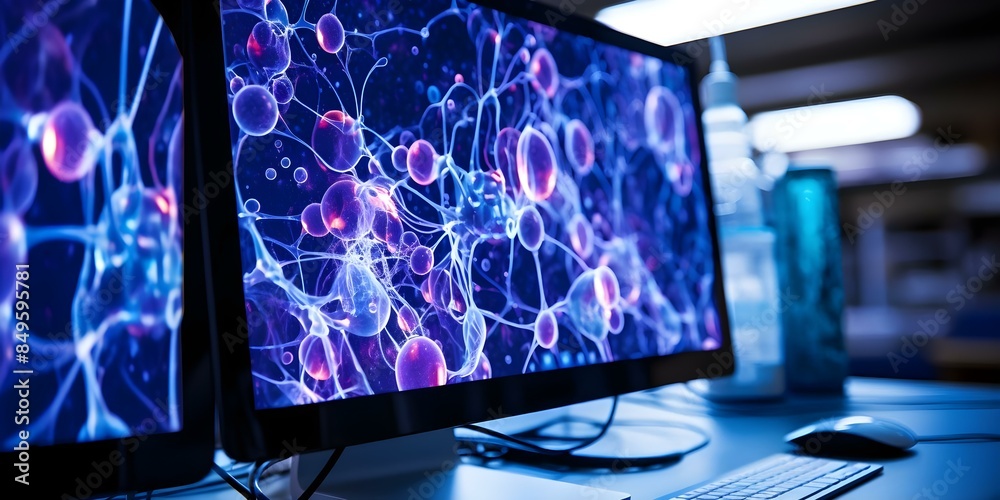 ภาพประกอบสต็อก Detailed photo of computer screen in laboratory ...