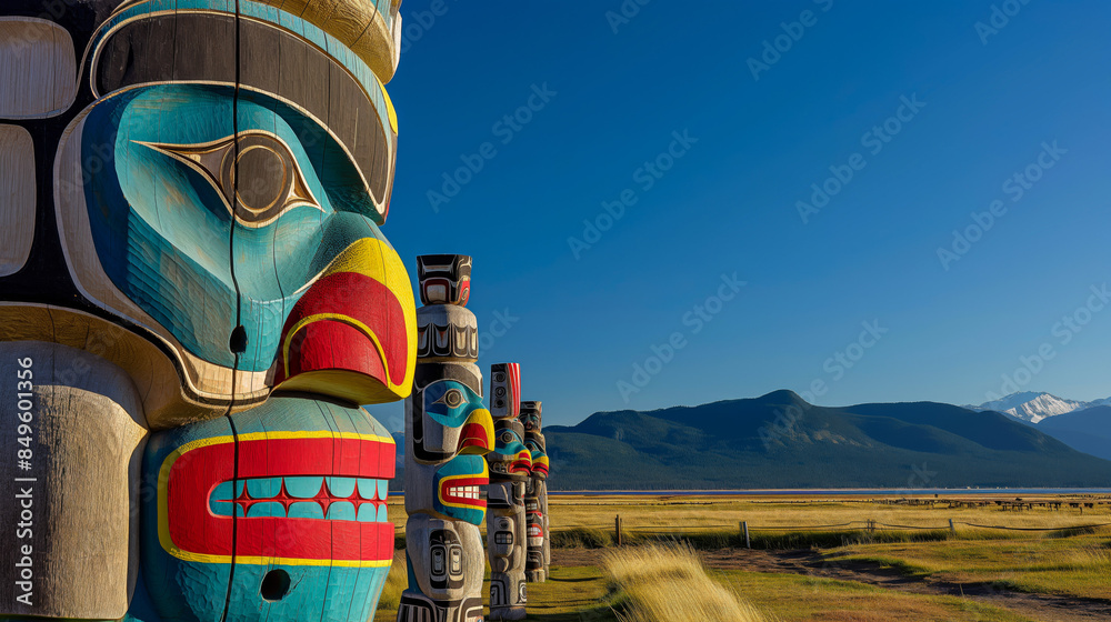 A series of colorful totem poles lined up in a coastal native village ...