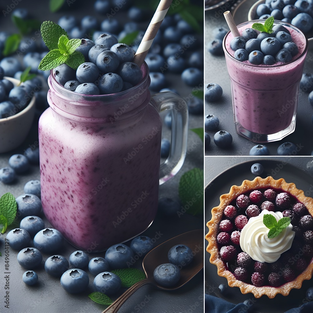 Collage of blueberry smoothie in a jar with a straw, smoothie in a ...
