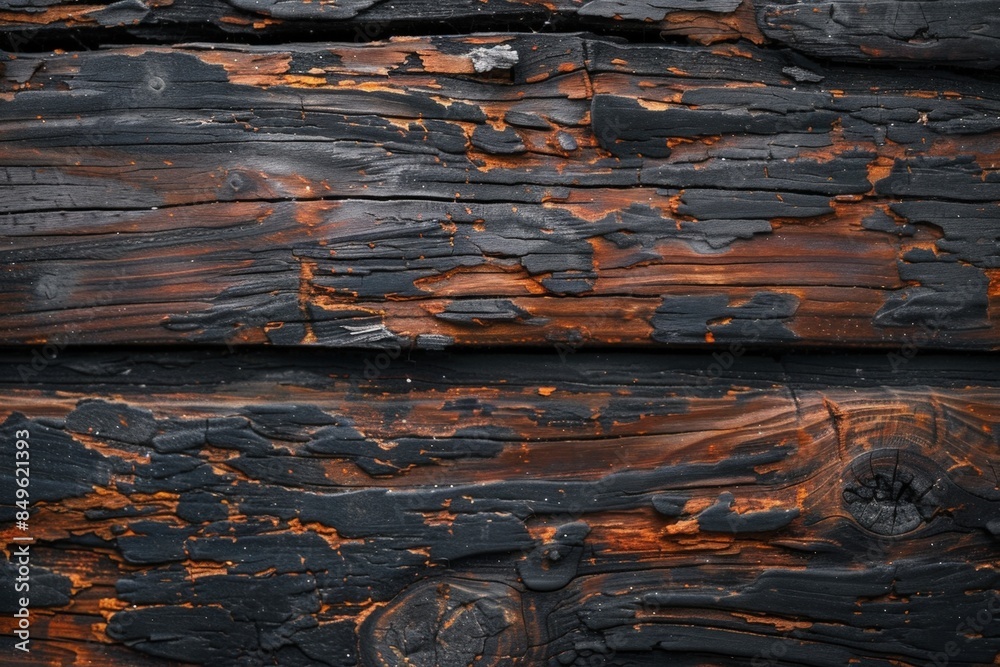 Charred wood planks are laying horizontally forming a solid wood ...