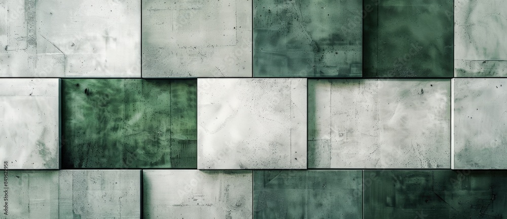 Modern wall made of concrete square blocks, some of them with green ...