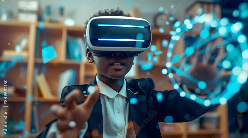African school student with VR headset using AI artificial intelligence ...