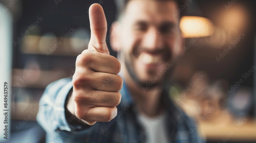 Smiling man giving a thumbs-up gesture, expressing approval and ...