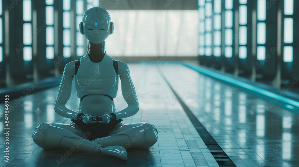 futuristic robot with white casing meditating in a white and clean room ...
