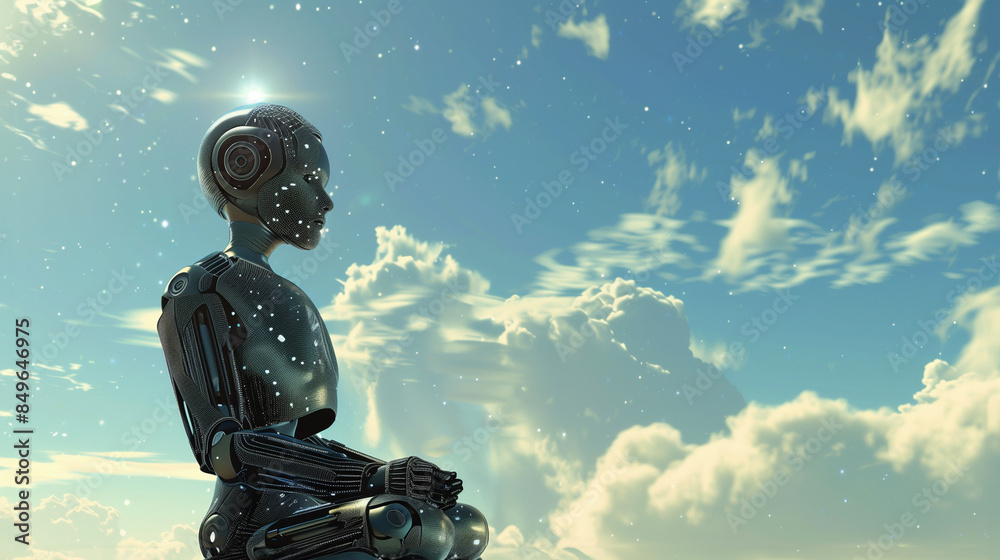 mechanical robot in profile with self-awareness in the lotus posture ...