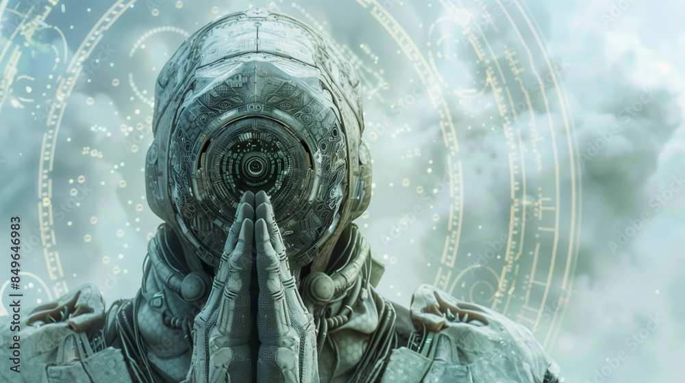 humanoid cyborg robot with artificial intelligence praying with hands ...