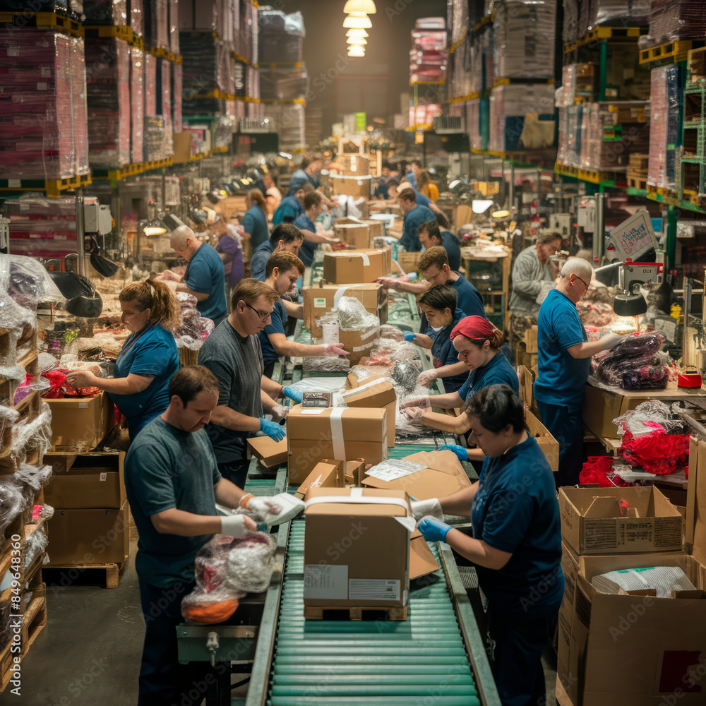 Warehouse workers sorting and packing items, industrial environment ...