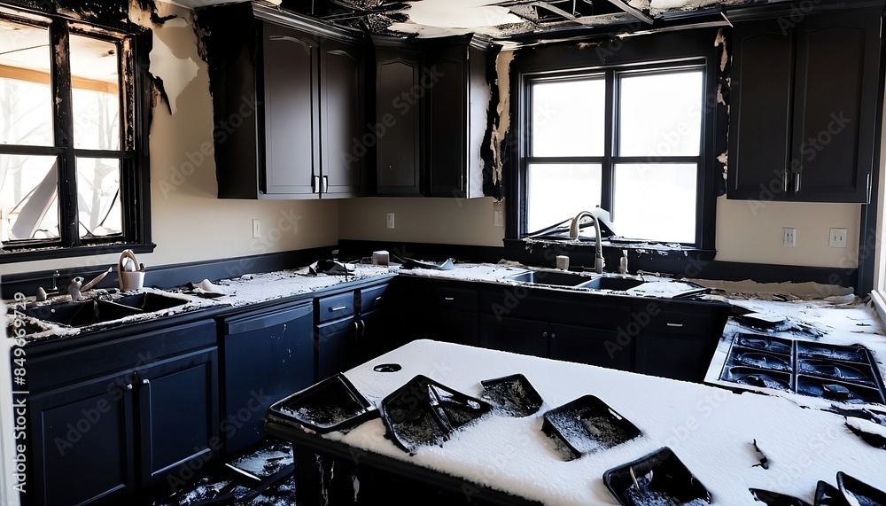 Severe damage in a kitchen after a fire with burned interiors and ...