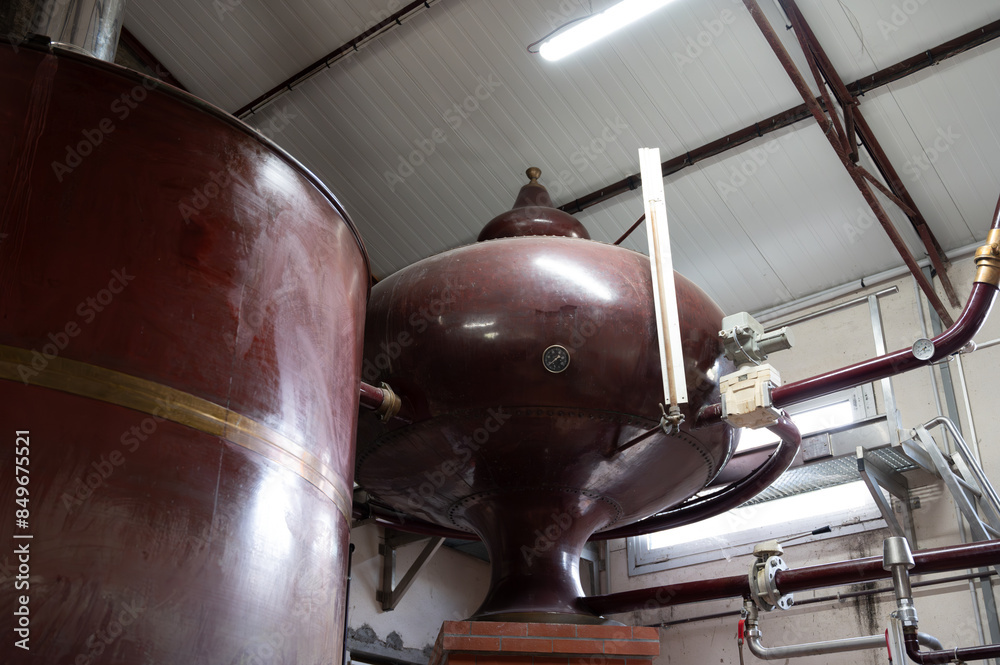 Double distillation process of cognac spirit in Charentias copper ...