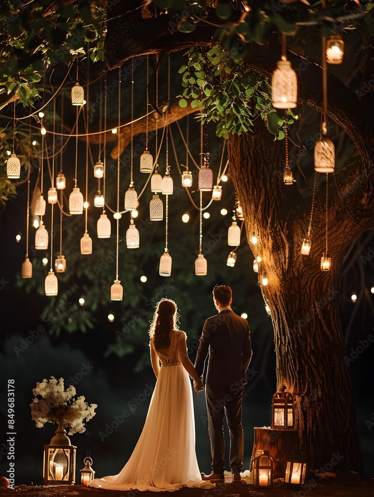 Night wedding ceremony with candles, lanterns and lamps on tree. Bride ...