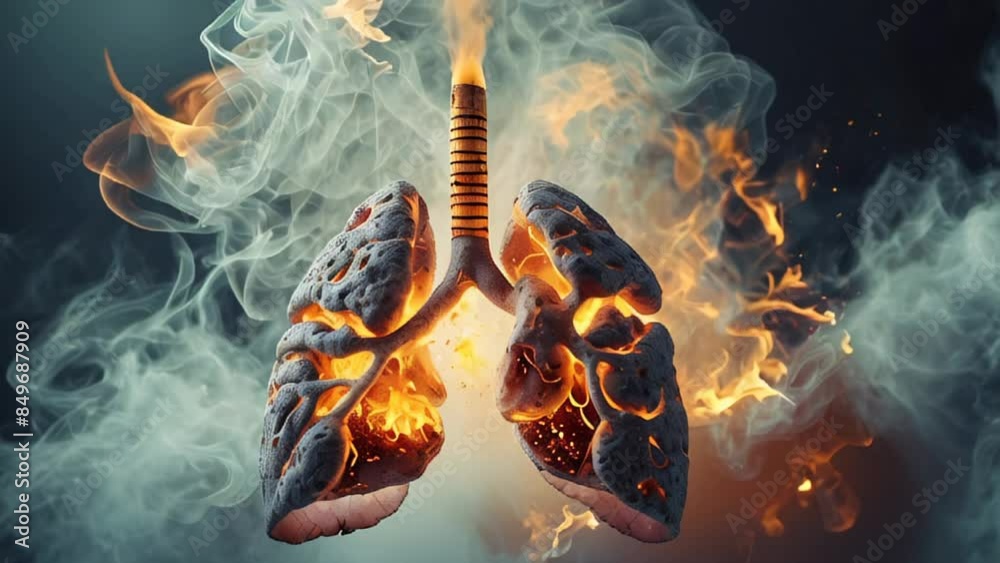 animation of human lungs where the trachea is cigarette, the right and ...