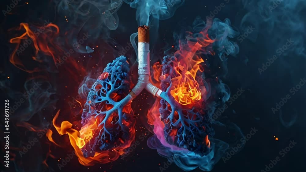 animation of human lungs where the trachea is cigarette, the right and ...