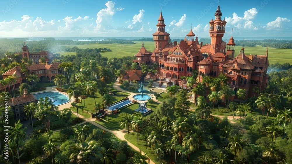 Aerial View of Majestic Red Castle Amidst Lush Green Landscape with ...