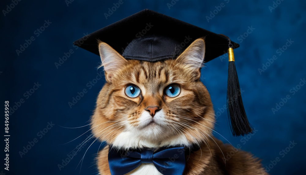 Fluffy funny cat wearing a graduate black hat and a stylish bow tie on ...