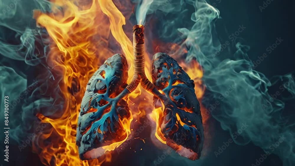 animation of human lungs where the trachea is cigarette, the right and ...