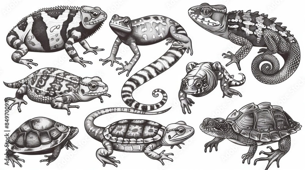 This image showcases a detailed ink drawing of various species of ...