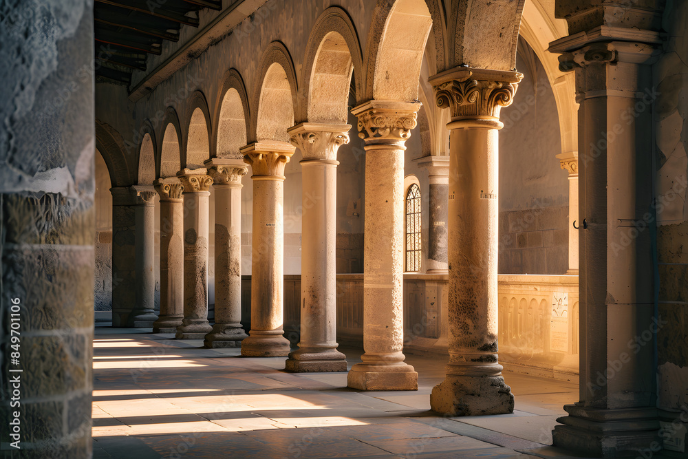 Ancient Church Interior with Tall Romanesque Columns and Arched Windows ...