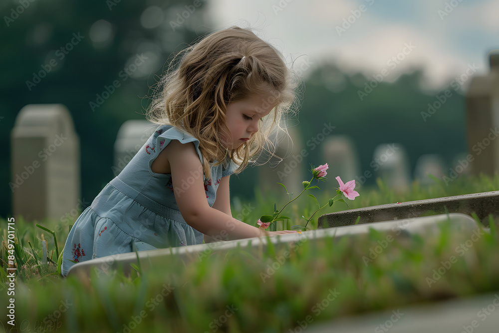 Little girl honoring fallen soldiers on Memorial Day by placing flowers ...