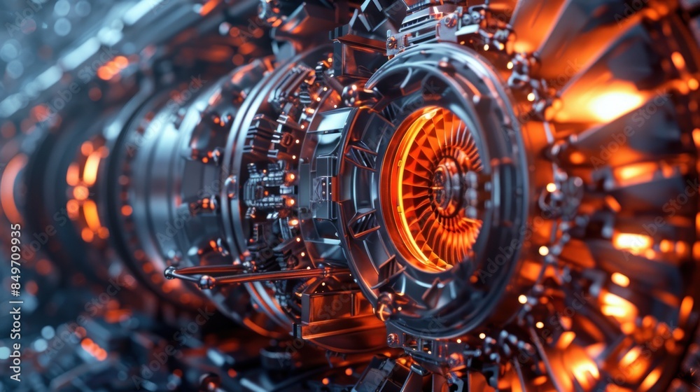 Jet Engine Turbine Blades. Detailed close-up of jet engine turbine ...