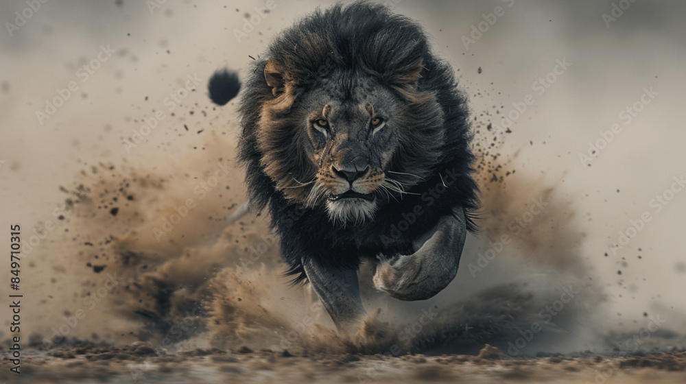 Masterpiece photograph of a black lion running at full speed in African ...