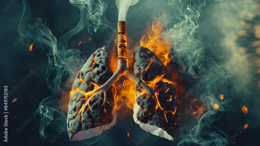 animation of human lungs where the trachea is cigarette, the right and ...