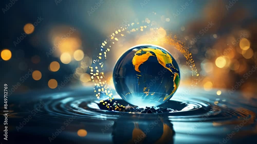 transparent earth globe model rotations on water surface. Water World ...