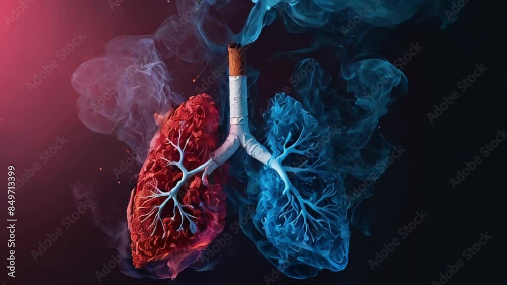 animation of human lungs where the trachea is cigarette, the right and ...