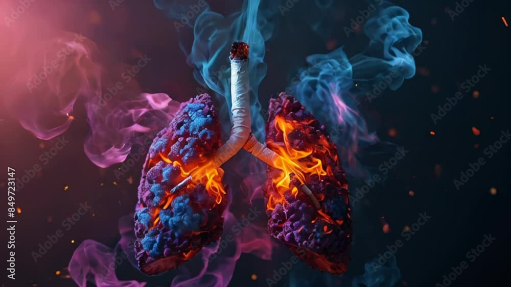 animation of human lungs where the trachea is cigarette, the right and ...