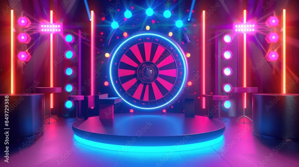 Colorful Game Show Wheel with Contestant Stands and Host Desk. Concept ...