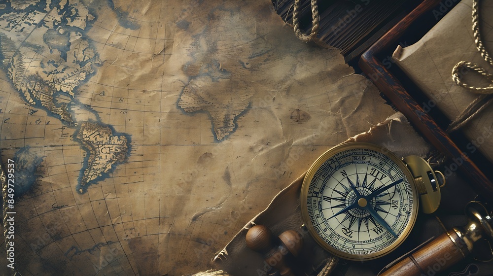 Old sailboat compass and ancient map historical background A concept on ...