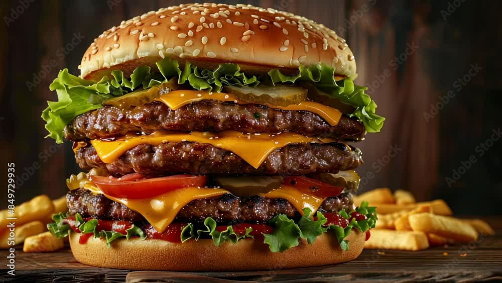 Layered slices of a delicious, juicy double cheeseburger with fresh ...
