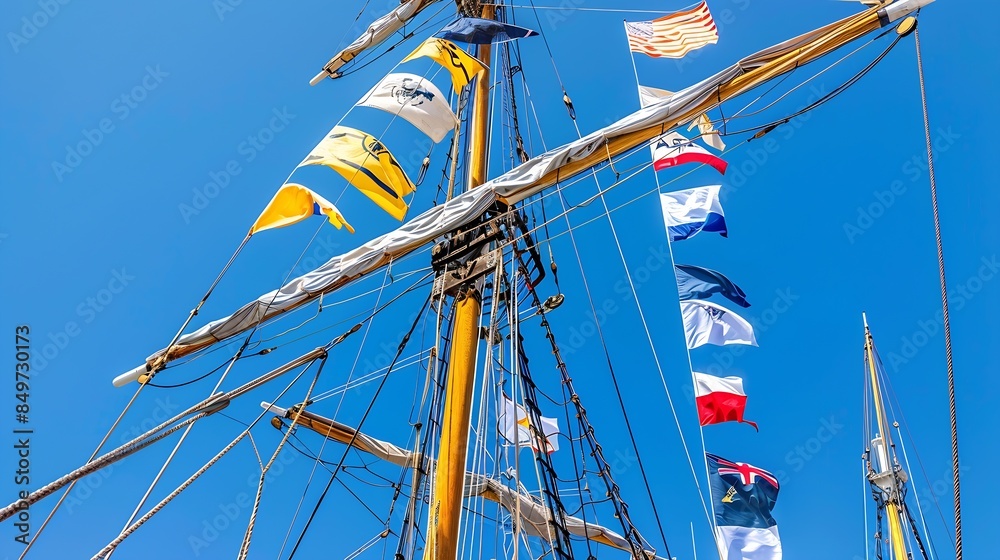 International maritime signal flags on a flagpole and masts on a ...