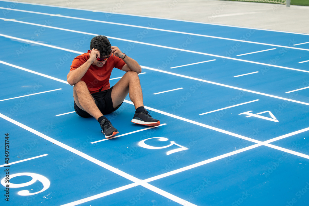 Exhausted Male Runner with Sunglasses Sitting on the Ground at Finish ...