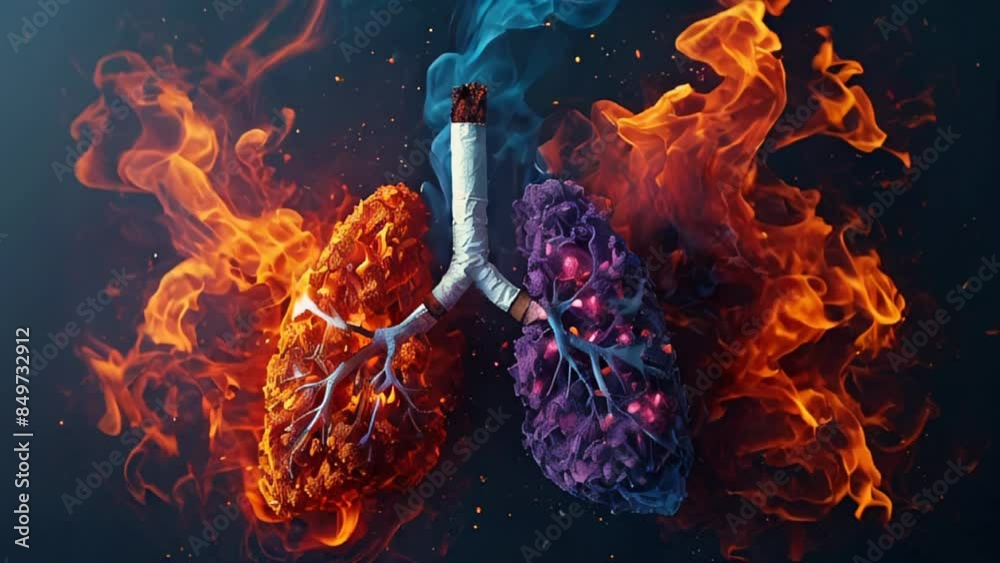 animation of human lungs where the trachea is cigarette, the right and ...