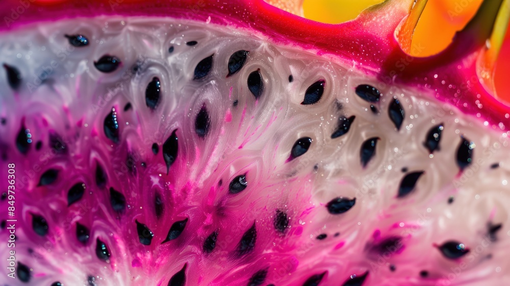Dragon fruit slice macro close-up. Fresh dragon fruit texture surface ...