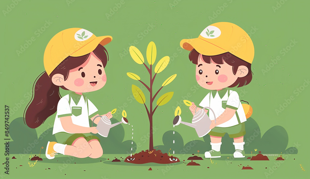 Cute cartoon vector illustration of children planting a tree for World ...
