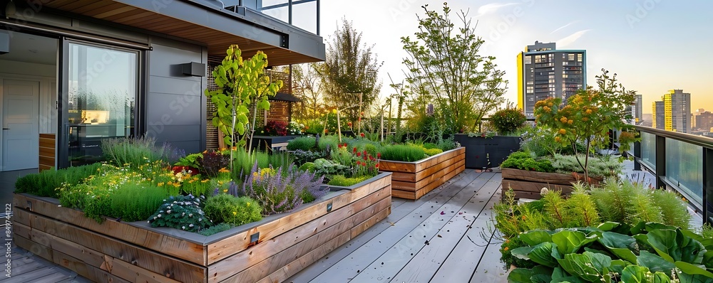 beautiful rooftop container vegetable garden with raised beds in front ...
