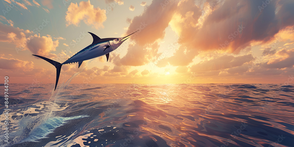 sunset in the sea,Hyperrealisitc aminal fish blue marlin swimming in ...