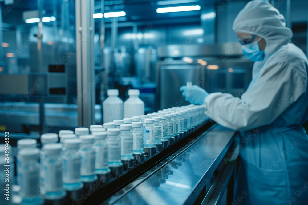 Pharmacist lab scientist in hazmat PPE suit examining medical vials on ...