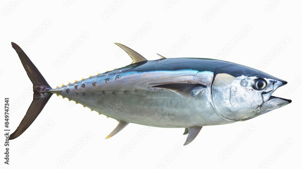 Tuna fish gracefully swims with its mouth open in the clear blue ocean ...