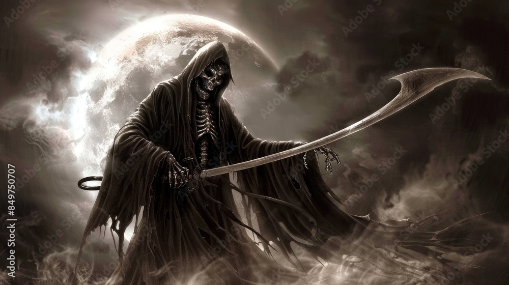 Grim Reaper: the iconic figure of death, shrouded in darkness and ...