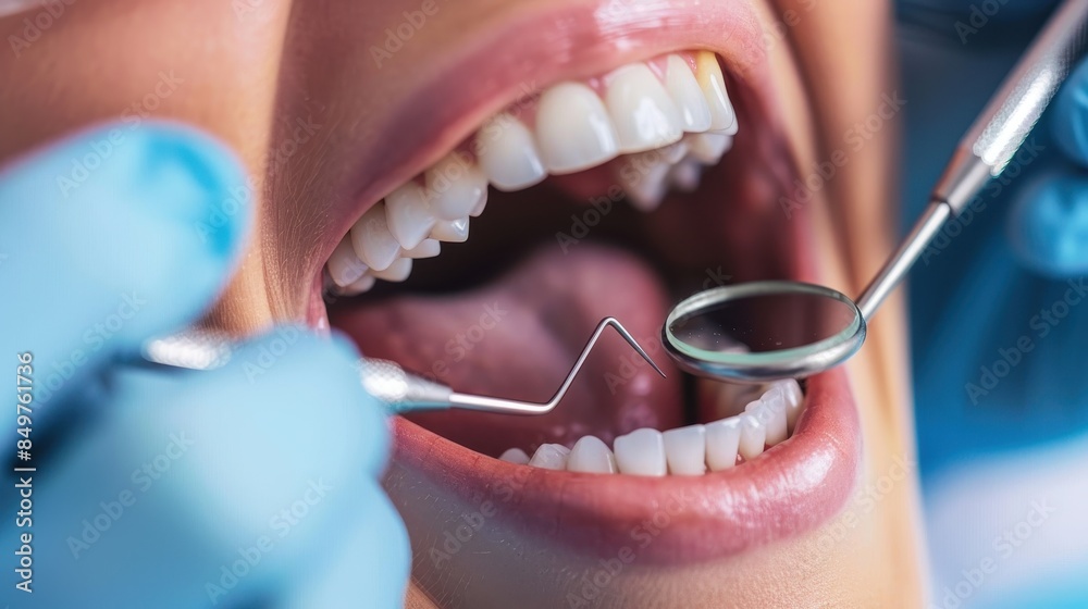 Detailed image of dental inspection involving a mouth mirror and a ...