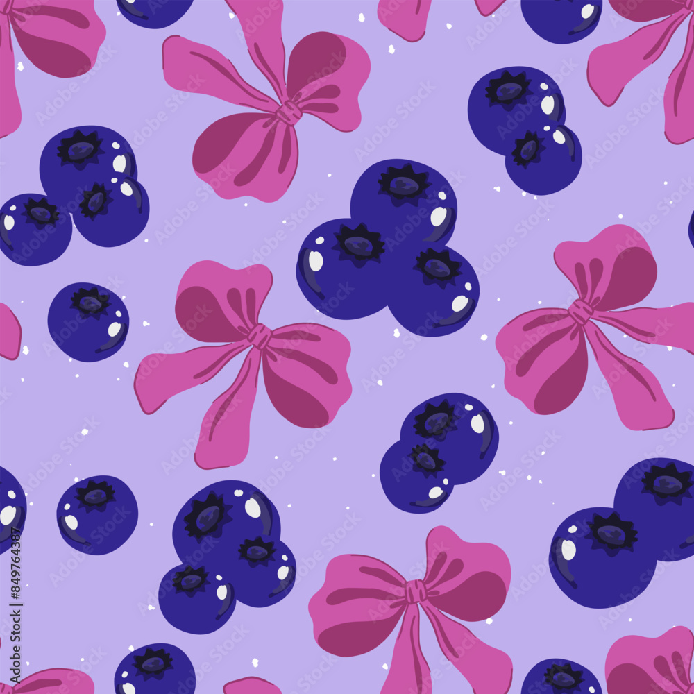 Blueberries and coquette ribbon bow seamless pattern. Sweet blueberry ...